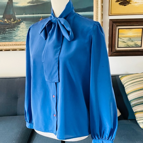 Vintage | Tops | Vintage Robinsons Blue Blouse With Scarf | Poshmark
